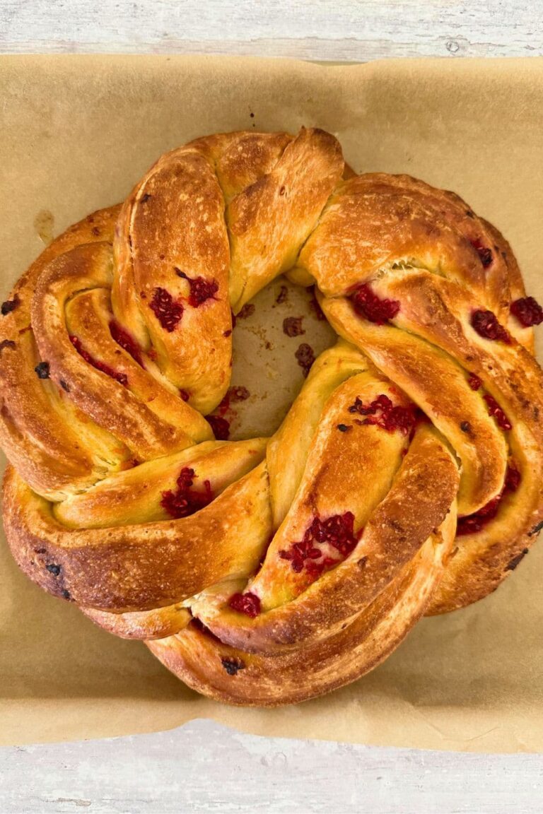 Festive Sourdough Braided Brioche Wreath [with raspberries and orange glaze] - The Pantry Mama